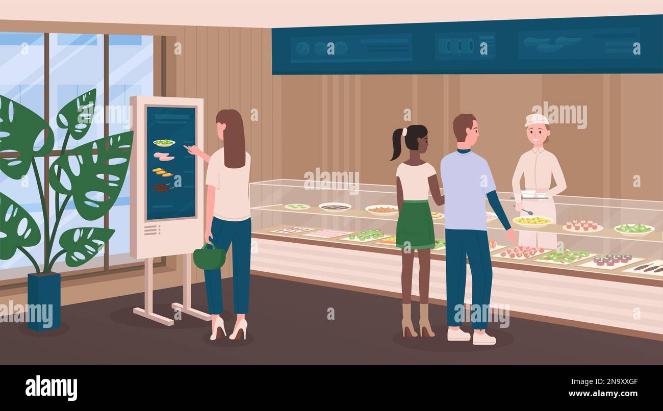 Self service in cafe or restaurant vector illustration. Cartoon visitor ... Self service in cafe or restaurant vector illustration. Cartoon visitor ...