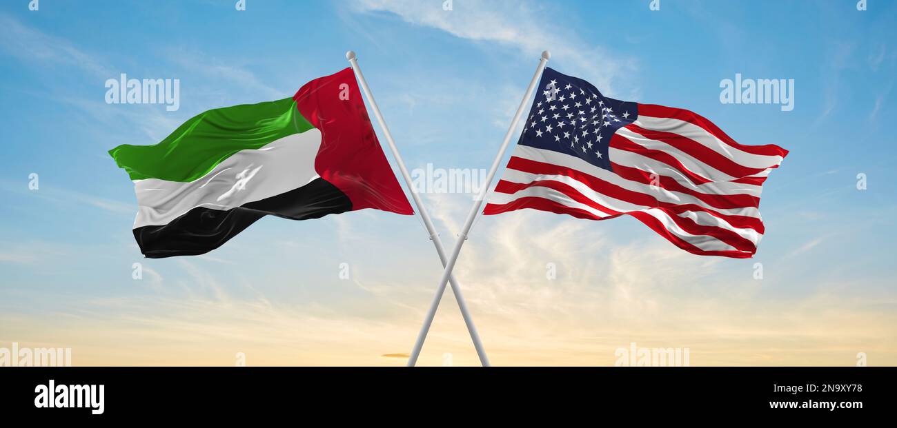two crossed flags United States of America and United Arab Emirates ...