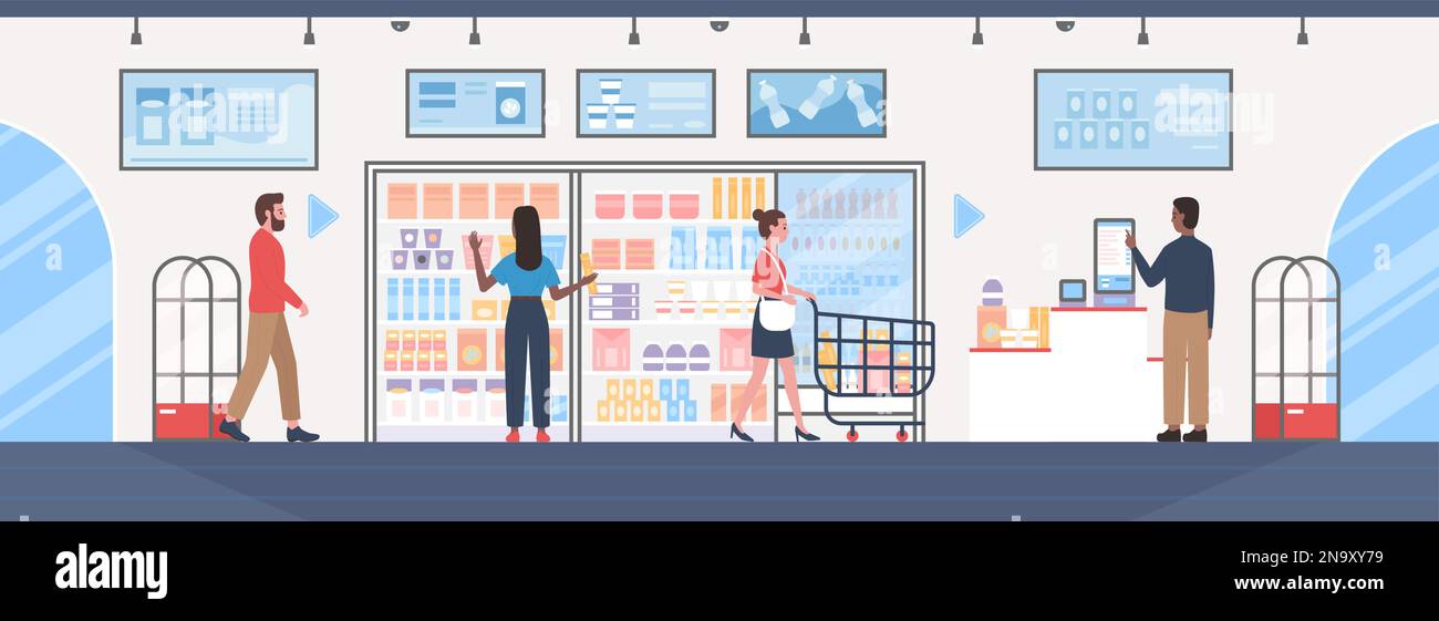 Self service in supermarket vector illustration. Cartoon store interior ...