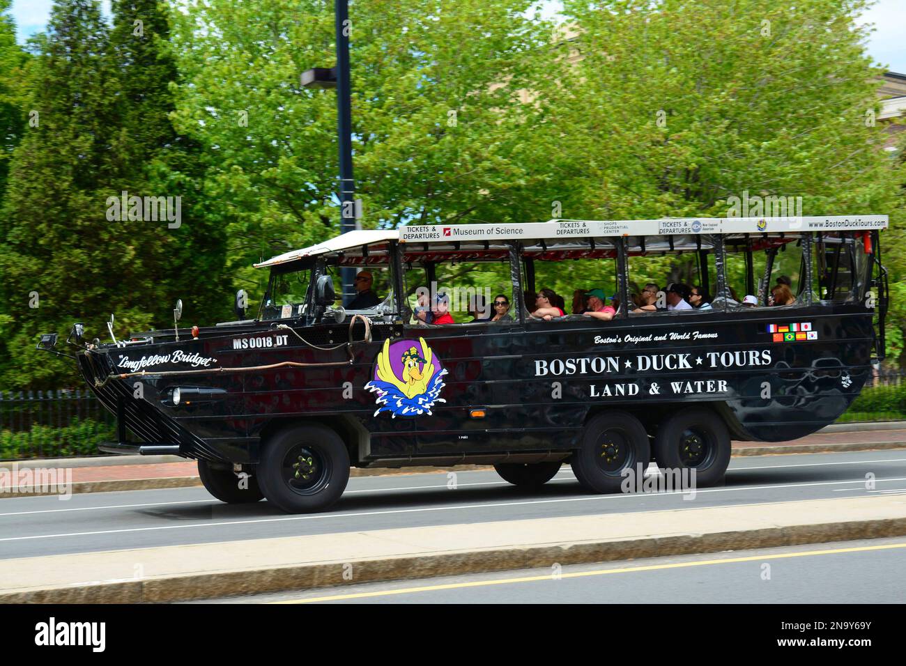 A Boston duck boat, an amphibious landing vehicle, with tourists ...