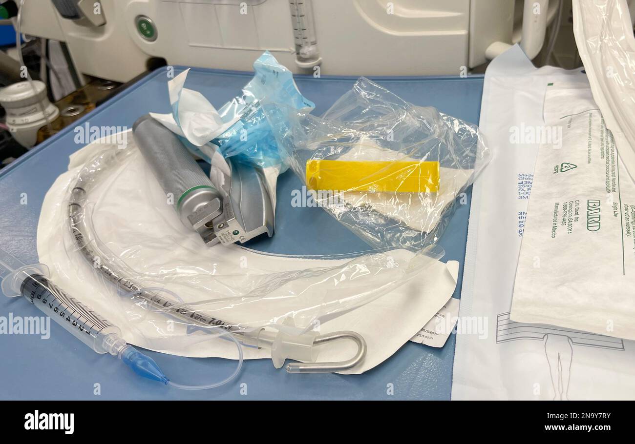Hospital Airway equipment on table for breathing and intubation Stock ...