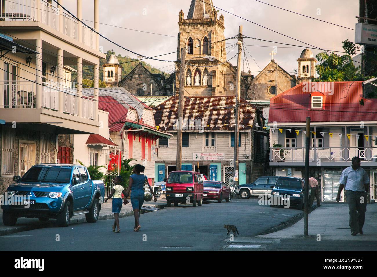 Street scene in the capital city of Roseau on the island of Dominica in ...