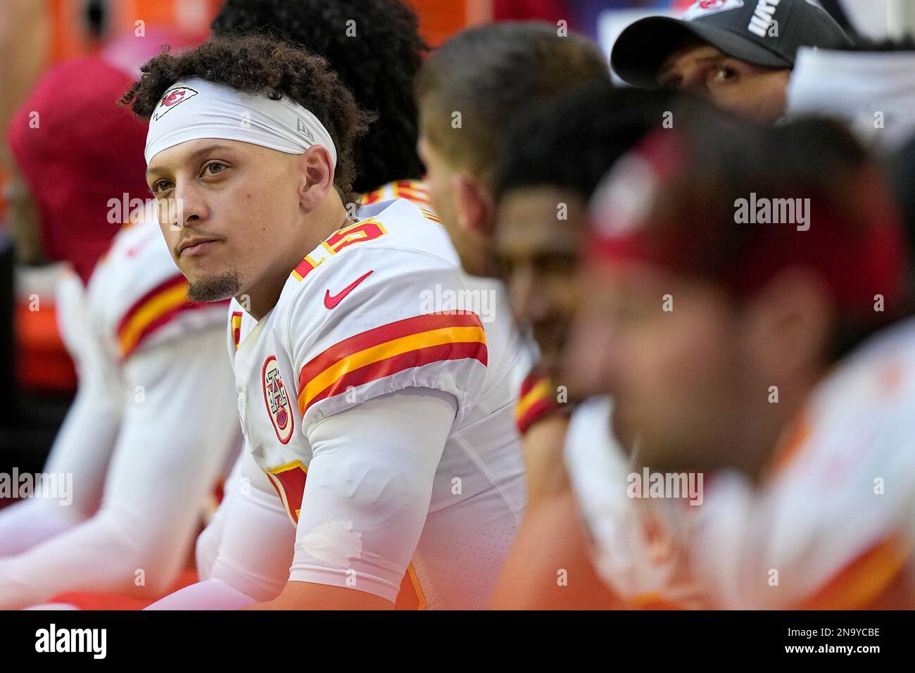 Kansas City Chiefs quarterback Patrick Mahomes sits on the bench before ...
