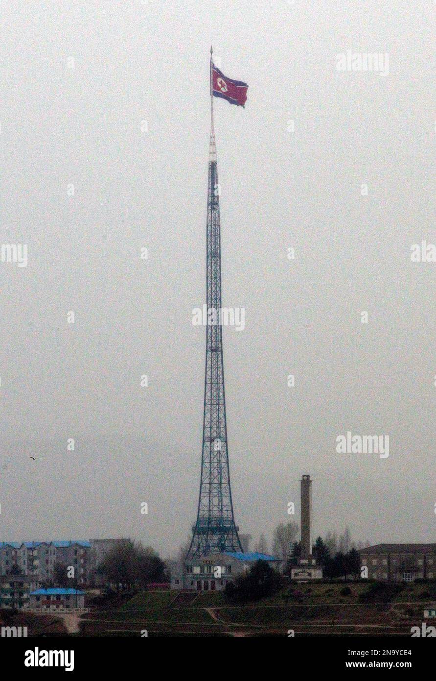 A giant North Korean flag atop a 160-meter (533-foot) tower flies in ...
