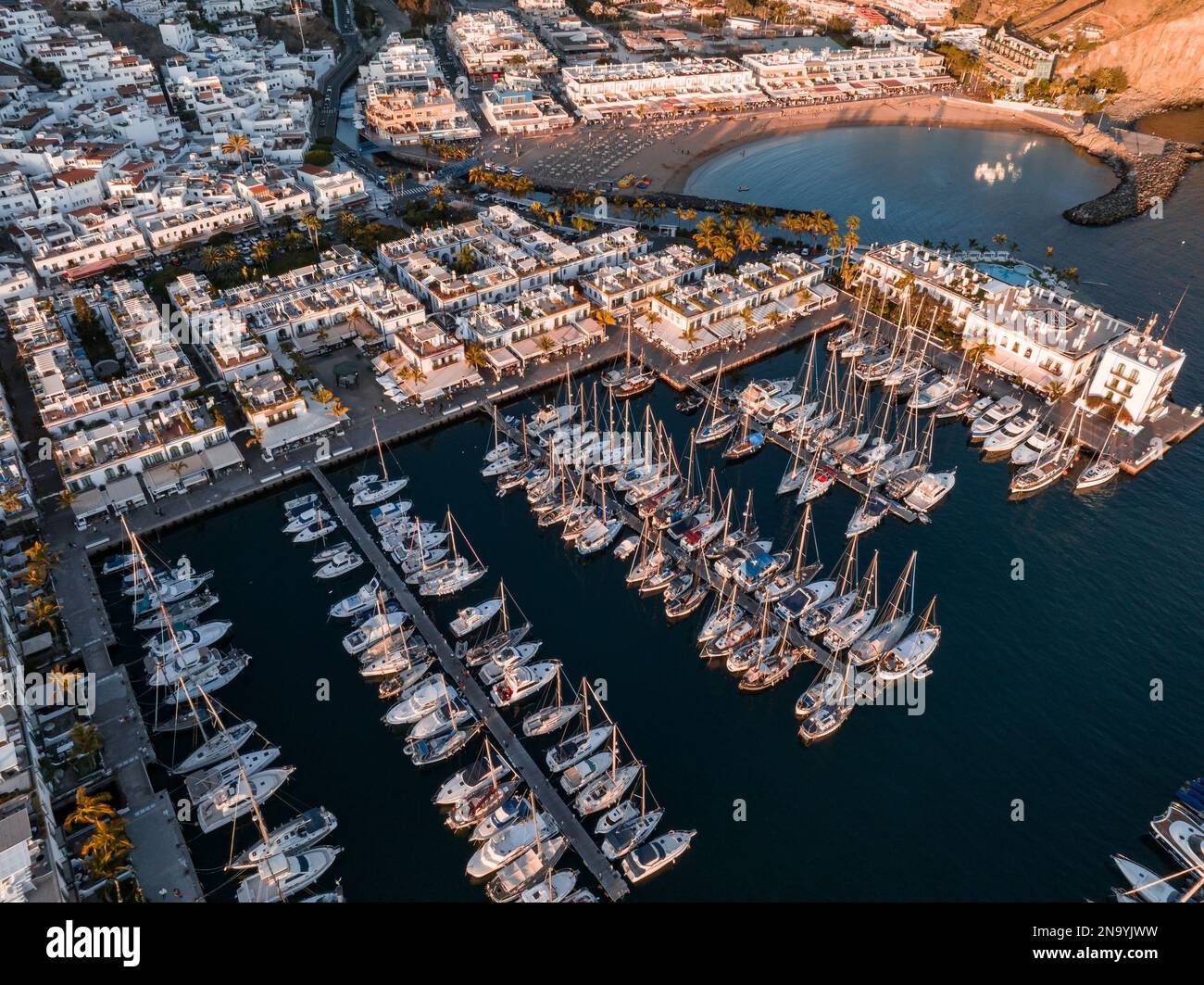 Puerto de Mogan fishing town aerial view at sunset Stock Photo - Alamy