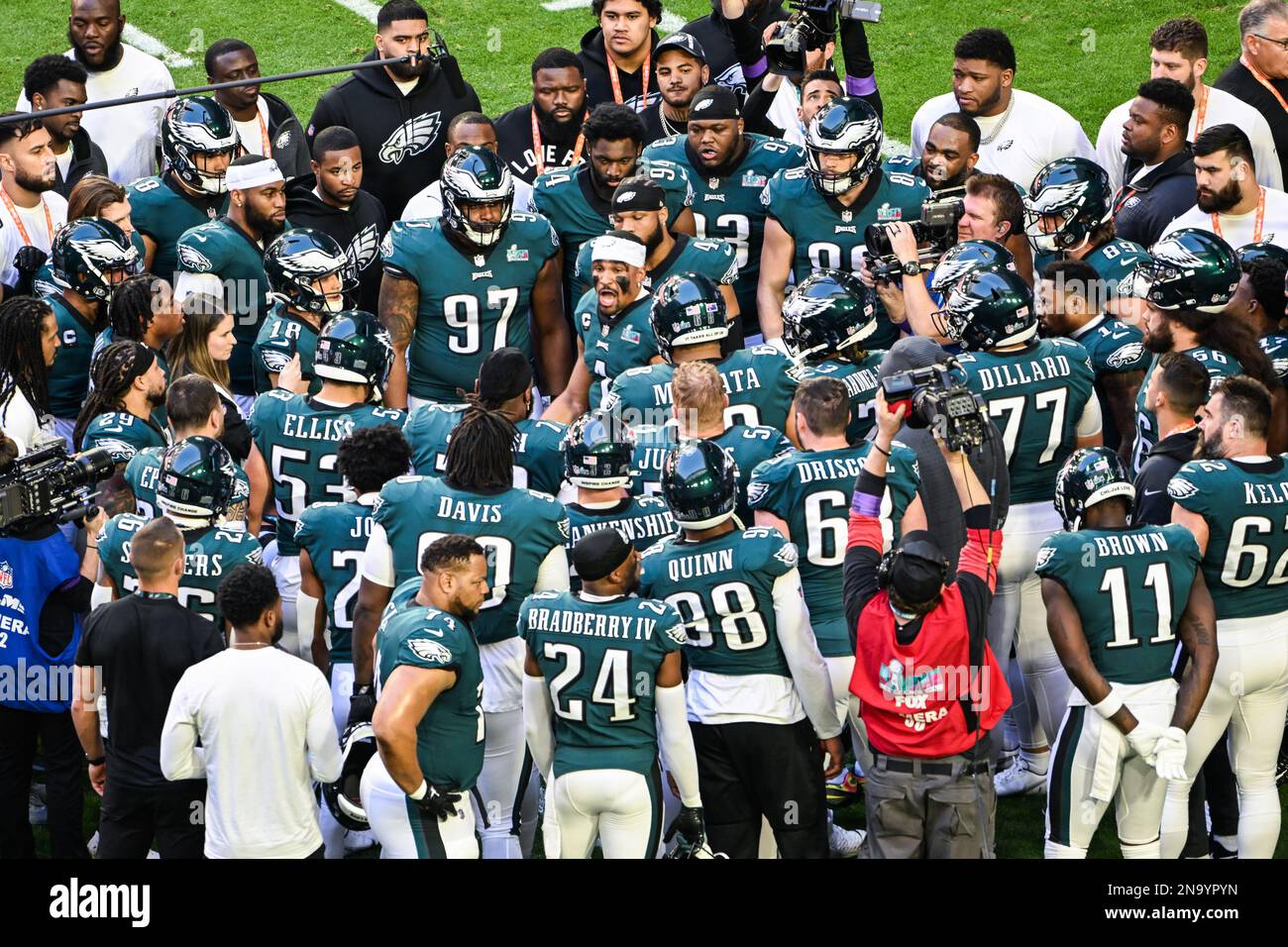 Phoenix, USA. 12th Feb, 2023. Philadelphia Eagles quarterback #1 Jalen Hurts gives a speech to ...