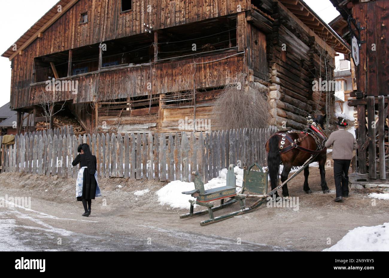 Woman arrives to work via horse and sled; La Valle, South Tyrol, Italy Stock Photo - Alamy