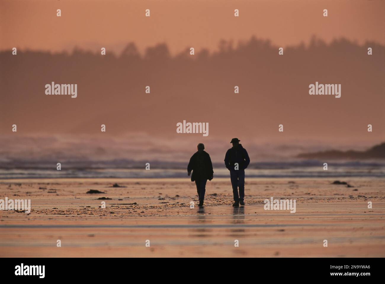 Two people walk along the tidal flats of Clayoquot Sound; Vancouver ...
