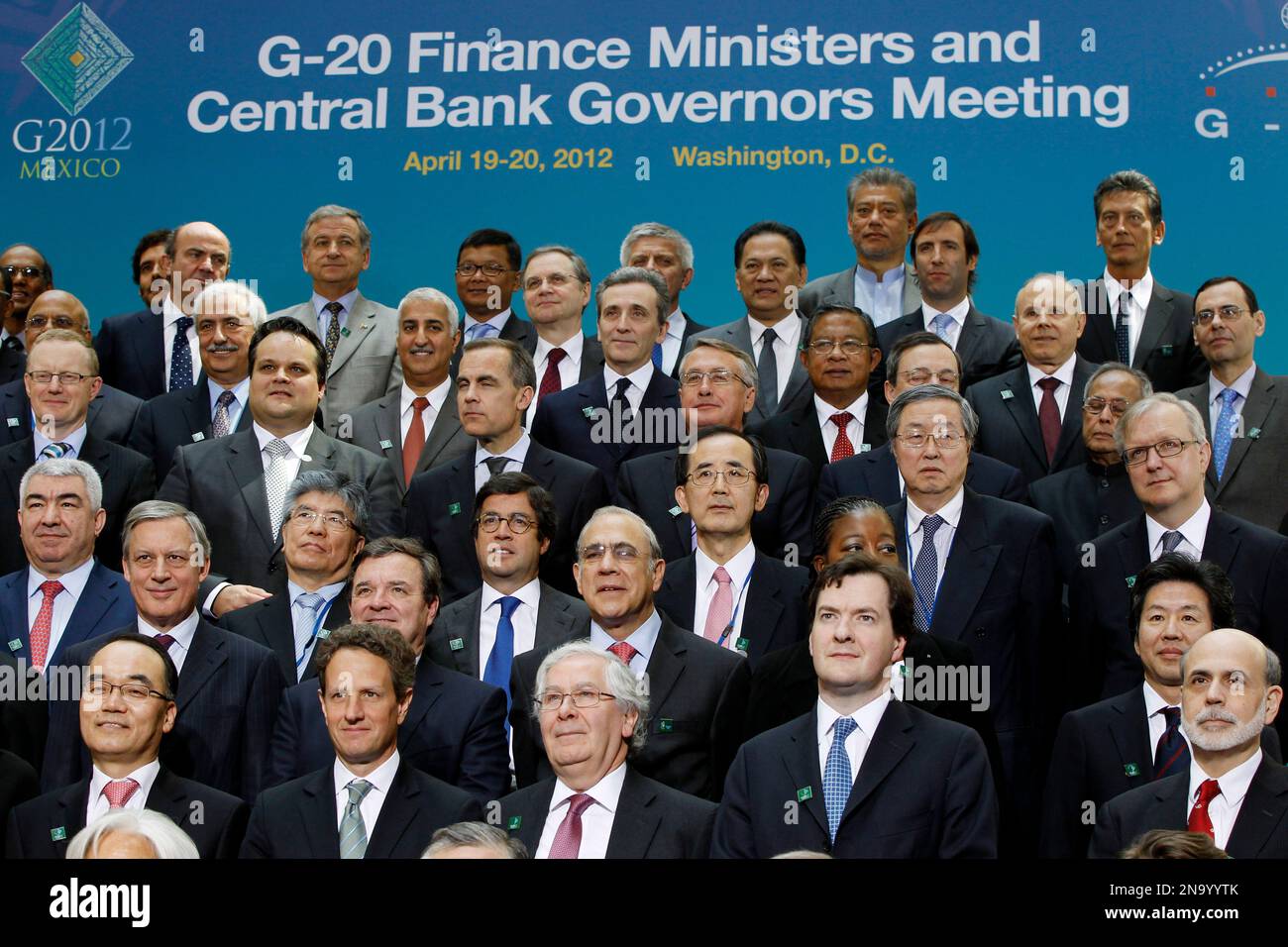 Leaders pose during a G-20 finance ministers and central bank governors ...