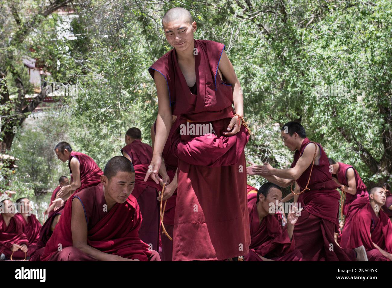 Monks in the debating courtyard; Tibetan Autonomous Region, Tibet Stock ...