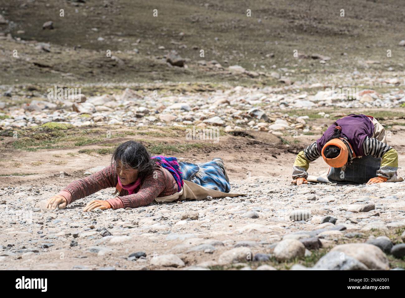 Pilgrims prostrating around Mount Kailash Stock Photo - Alamy