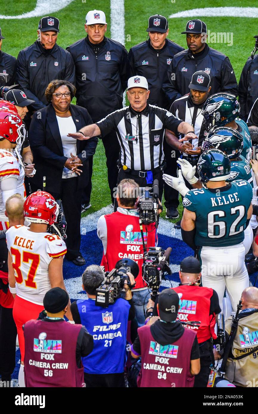 The coin toss ahead of Super Bowl LVII between the Philadelphia Eagles ...