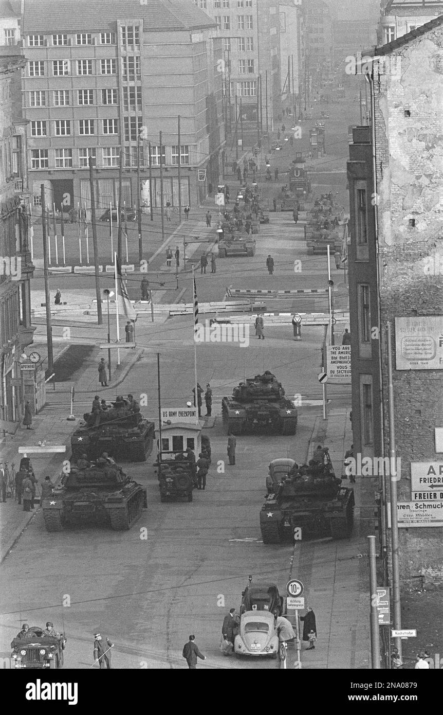 U.S. Army tanks, foreground, at Checkpoint Charlie, and Soviet Army ...