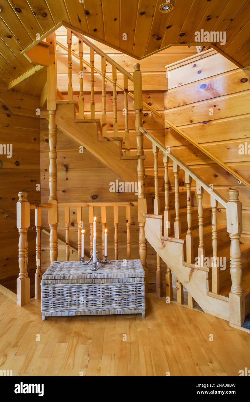 Basement Log Home Staircase The Large Feature Post In This Home Is 35