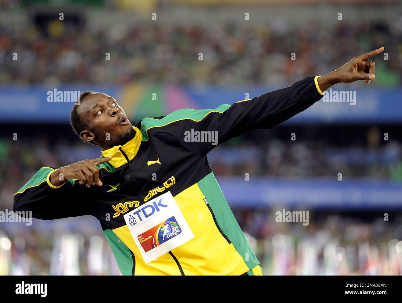 FILE - This Sept. 4, 2011 file photo shows Jamaica's Usain Bolt posing ...