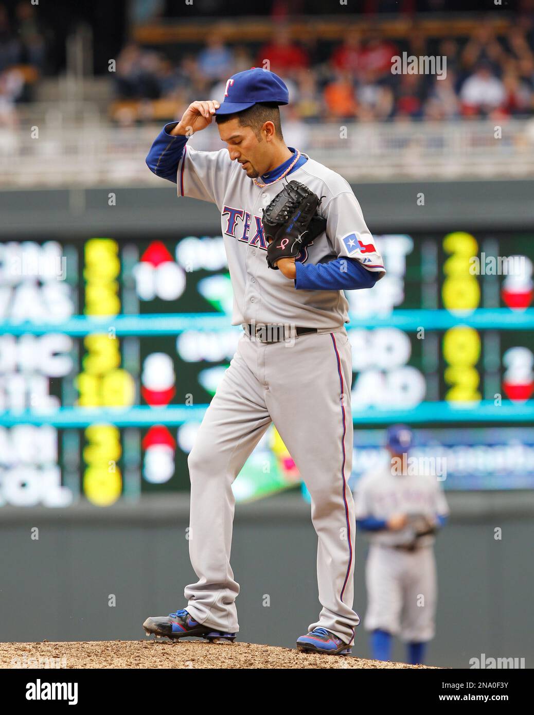 Texas Rangers relief pitcher Mike Adams shown in a baseball game ...