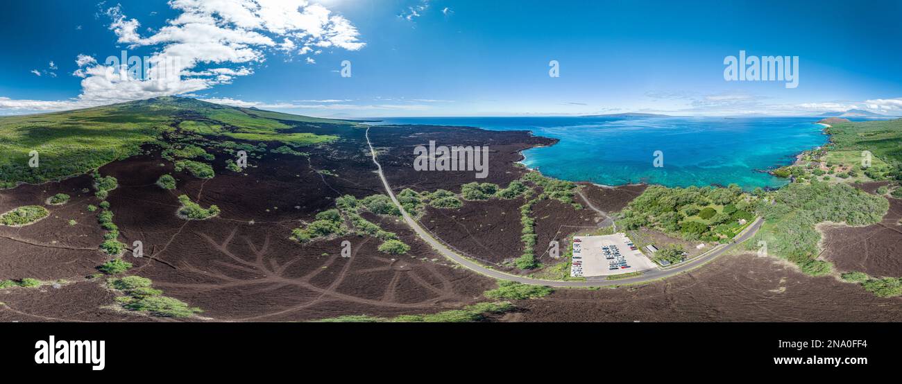 Drone view of Ahihi Bay and the coastline of Maui, with a view of ...