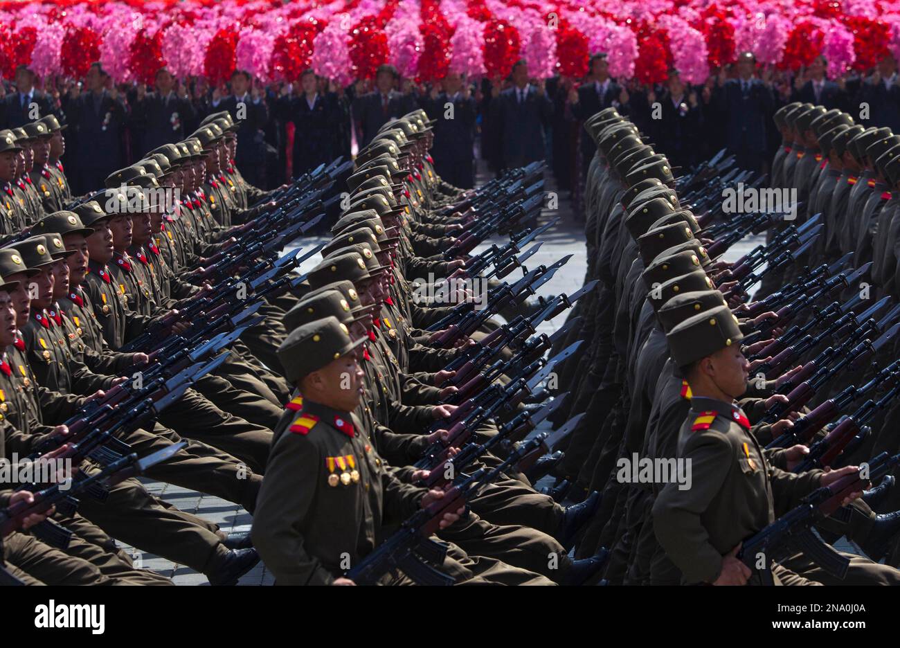 North Korean soldiers march during a mass military parade in Pyongyang ...