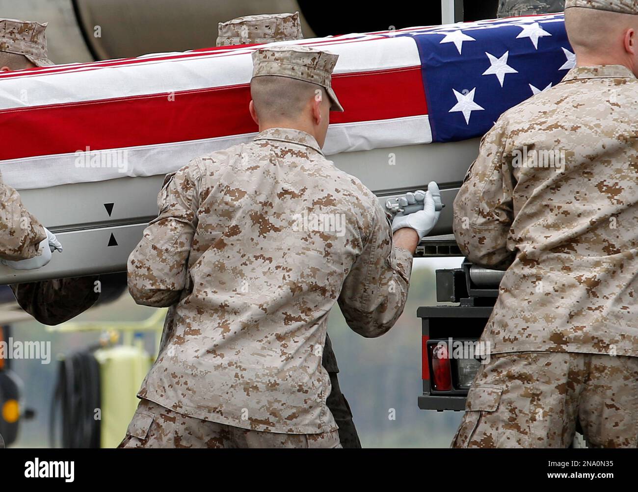 A Marine carry team carries the transfer case containing the remains of ...