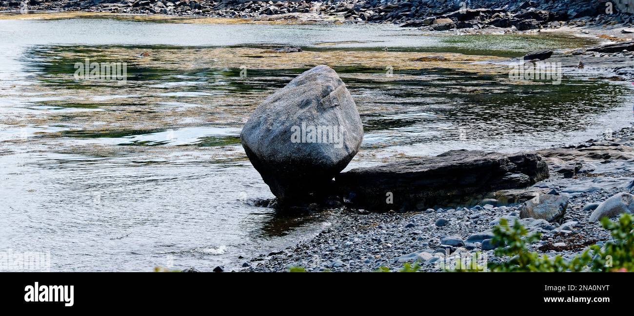 Balanced Boulder on Maine Coast Stock Photo - Alamy