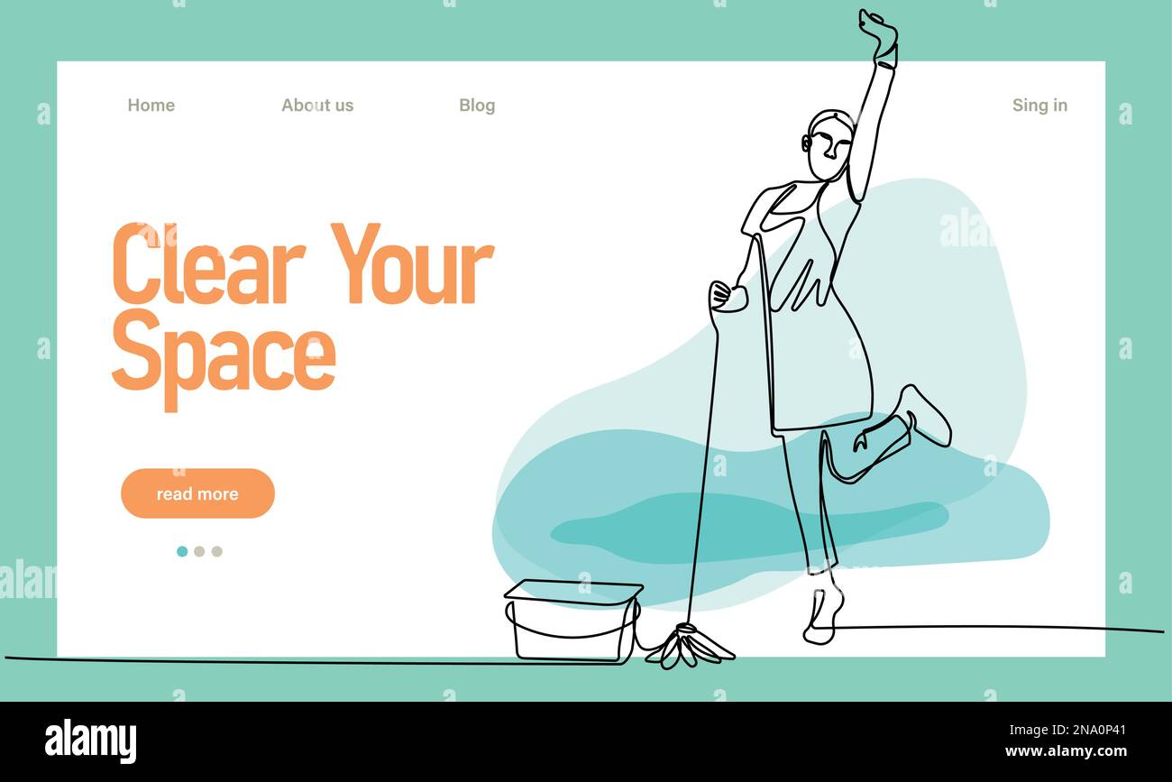 Continuous one line drawing of Woman with brush cleaner cleaning ...