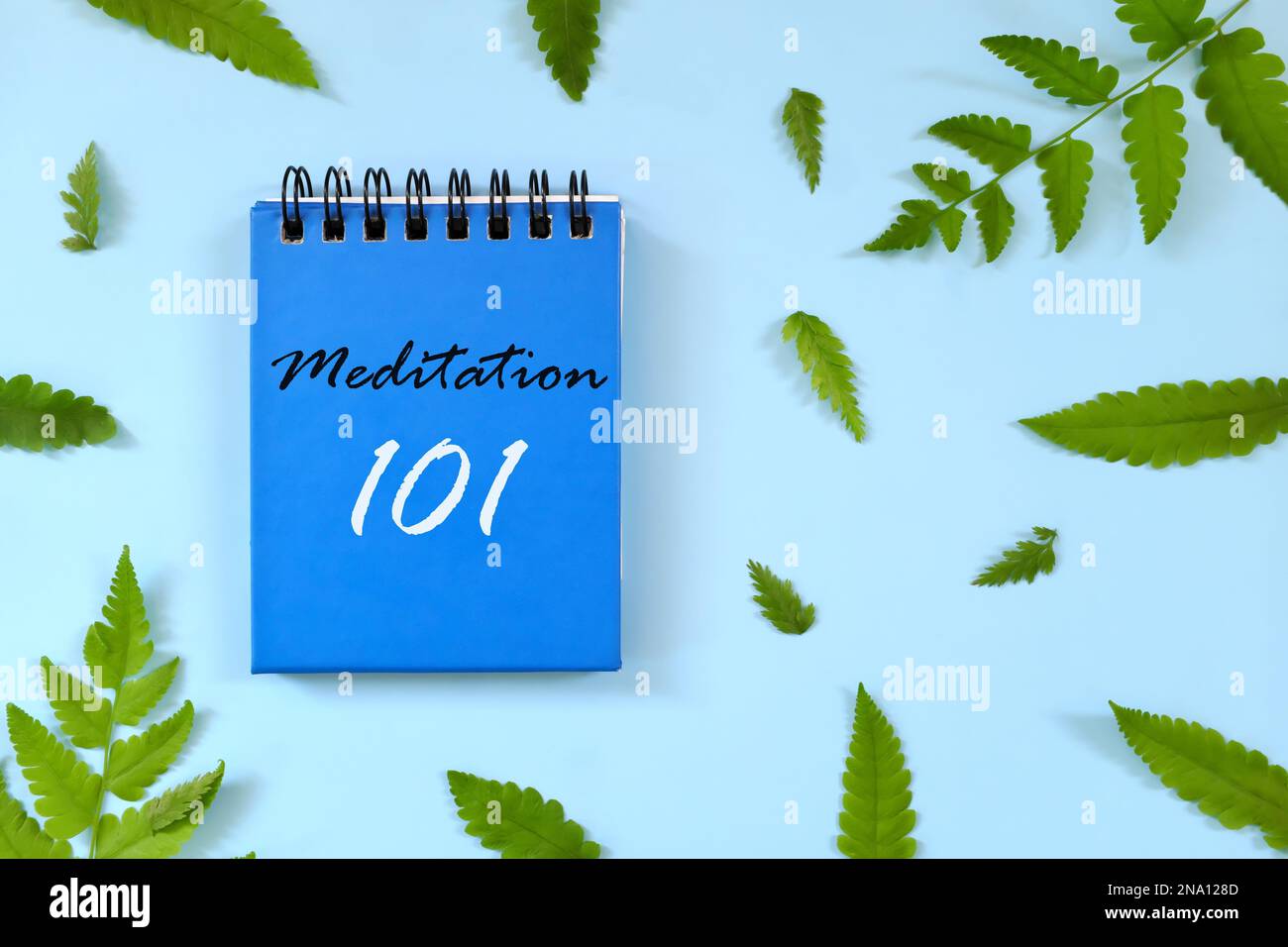 Meditation 101 guide written on blue notepad. Beautiful flat lay ...