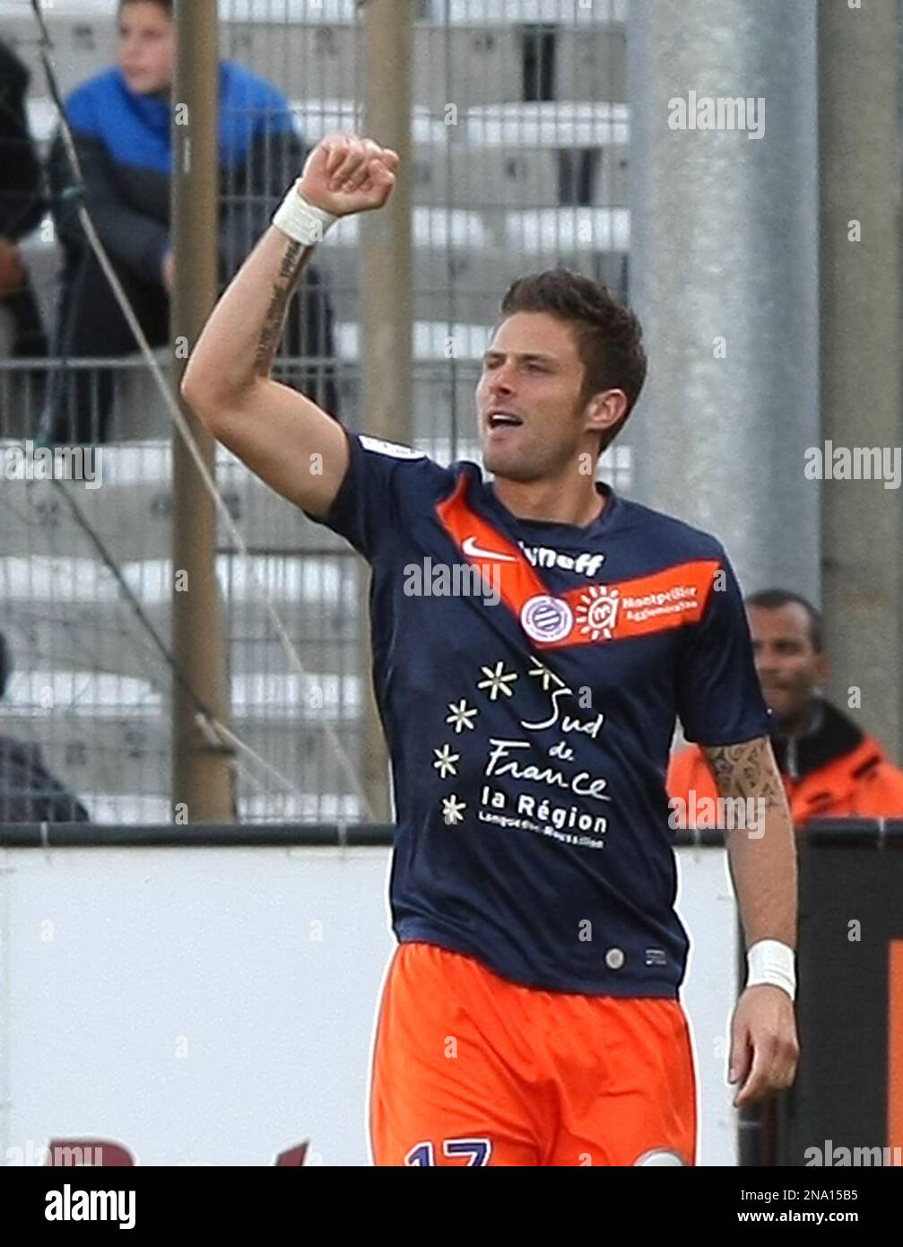 Montpellier's French forward Olivier Giroud reacts after scoring ...