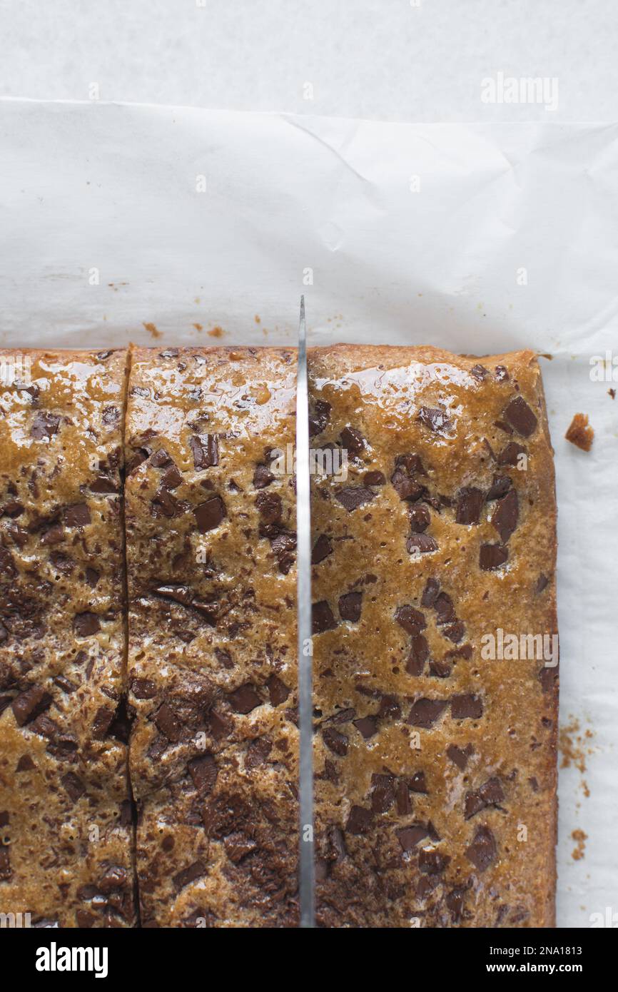 Top view of blondies with chocolate chunks, cross section of cut ...