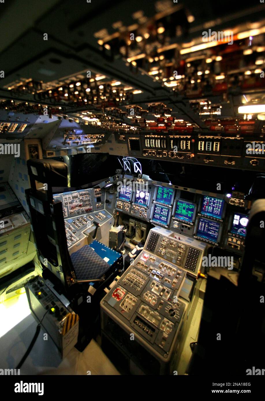 The cockpit of of space shuttle Endeavour is seen during a media tour ...