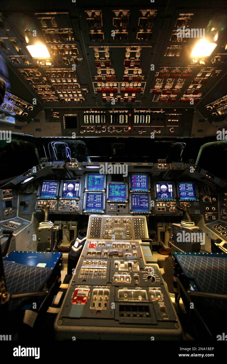 The cockpit of of space shuttle Endeavour is seen during a media tour ...