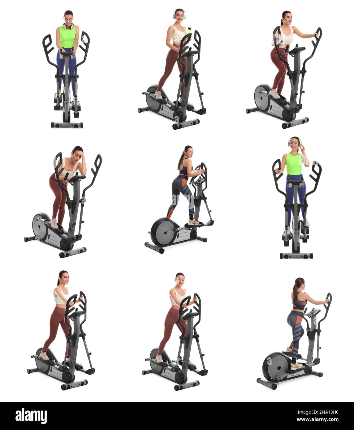 Woman using modern elliptical machine on white background, collage ...