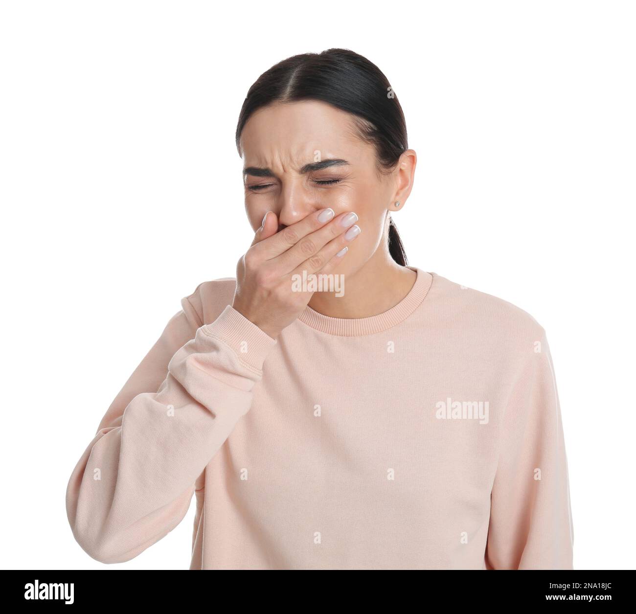 Woman suffering from nausea on white background. Food poisoning Stock ...