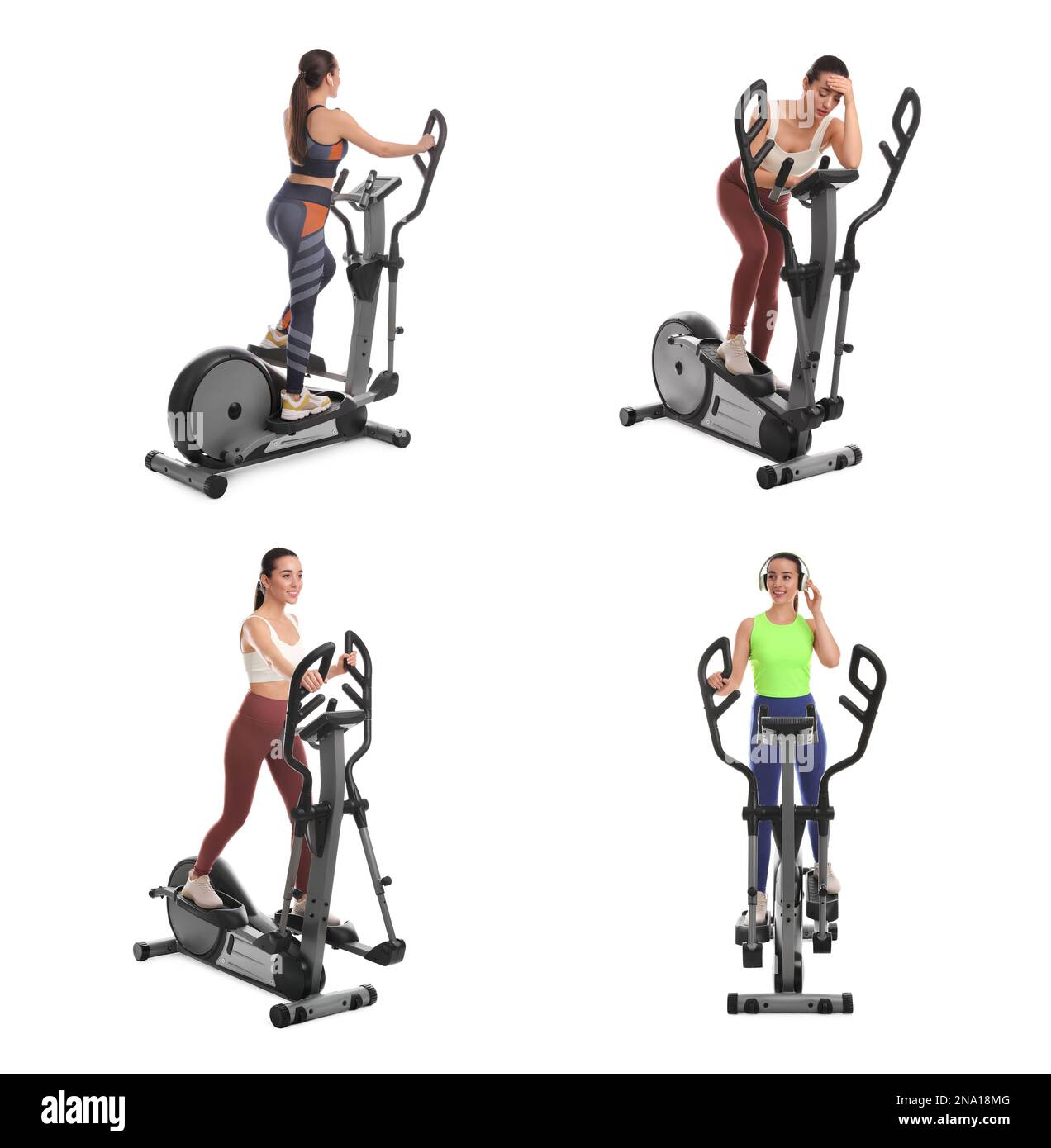 Woman using modern elliptical machine on white background, collage ...