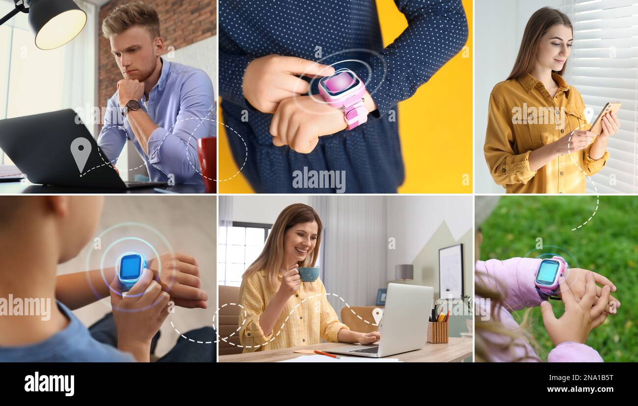 Control kid's geolocation via smart watch. Photos of parents and their ...