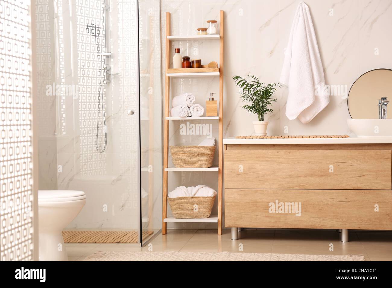 Modern bathroom interior with decorative ladder and shower stall Stock ...