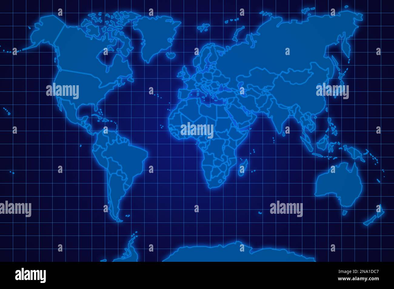 Blue world map against a blue grid Stock Photo - Alamy