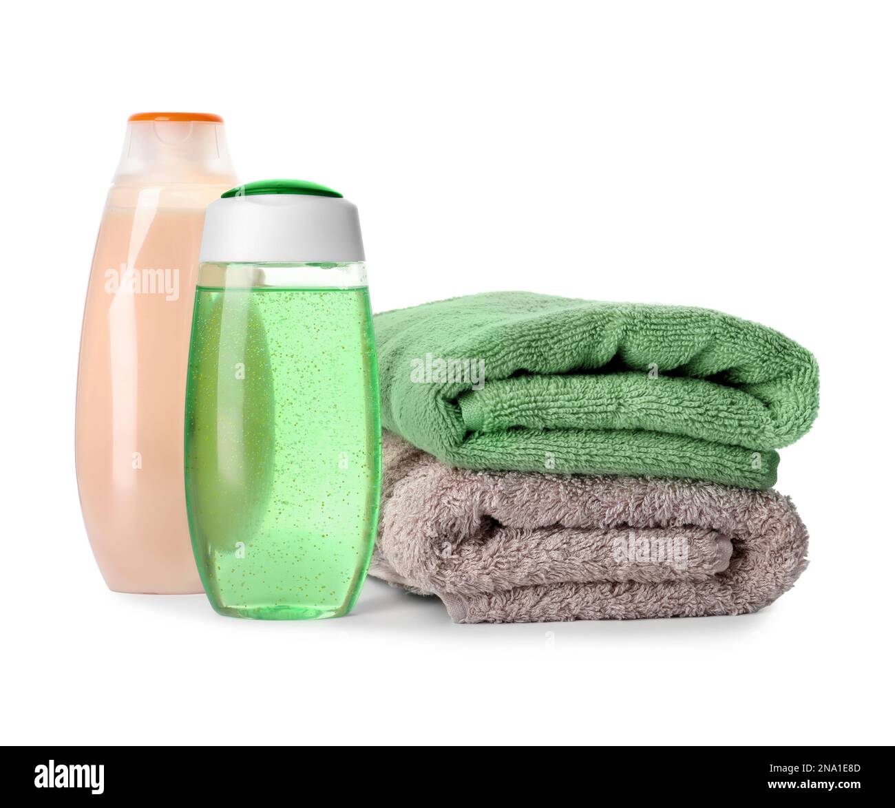 Personal hygiene products and towels on white background Stock Photo ...