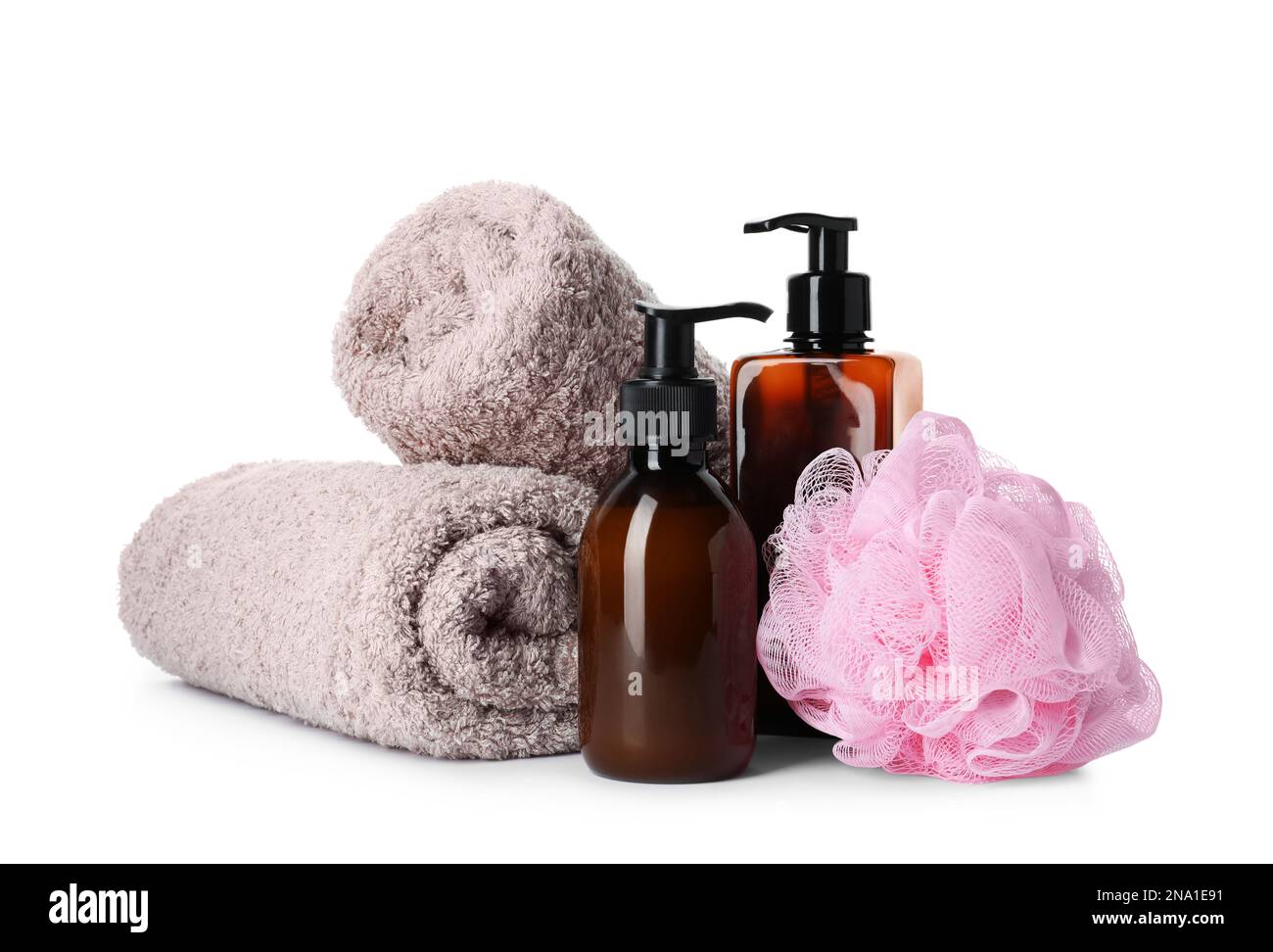 Personal hygiene products, shower puff and towels on white background ...
