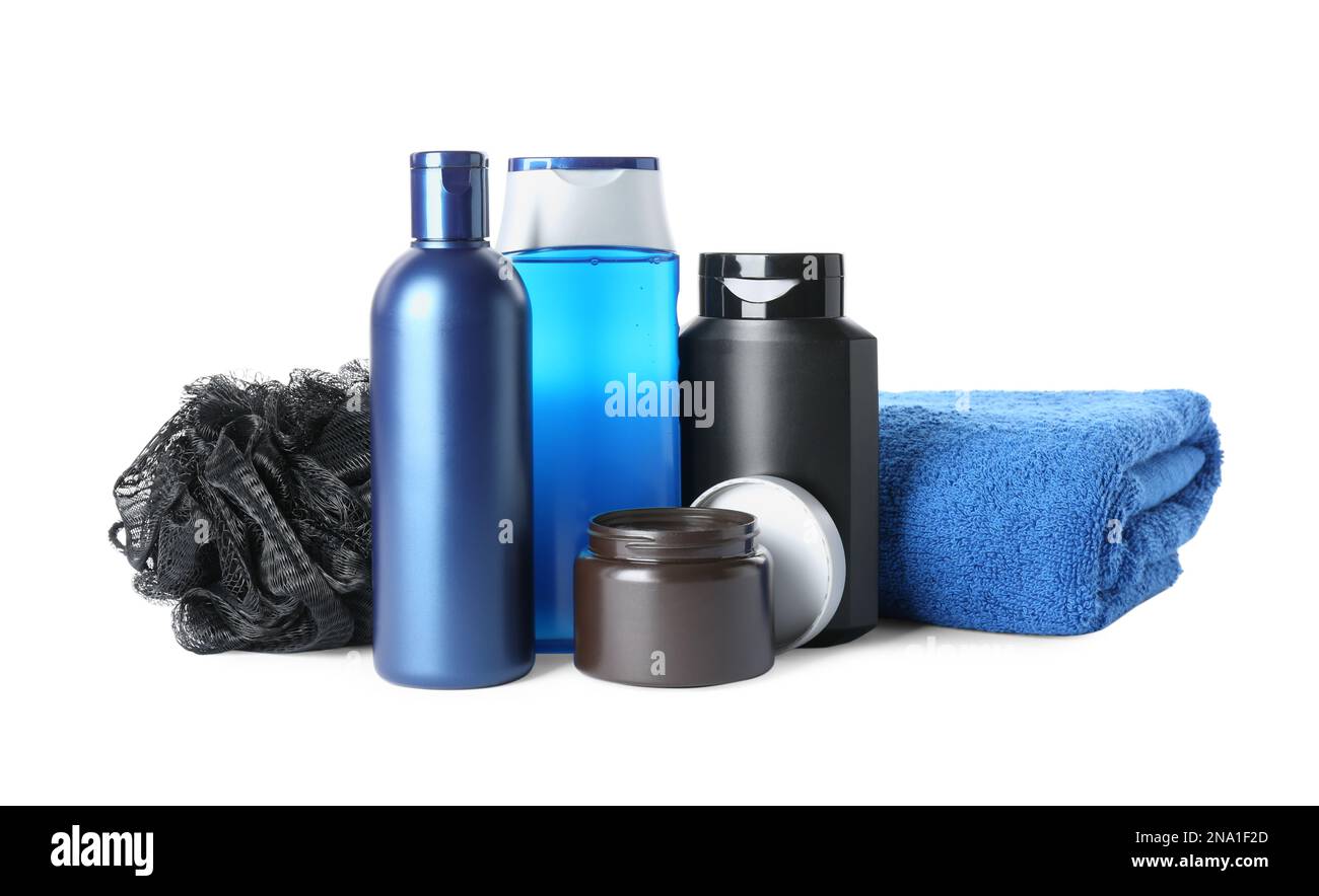 Set with men's personal hygiene products on white background Stock ...