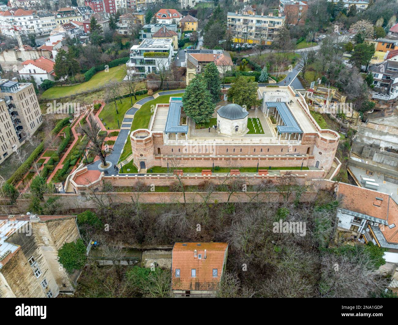 Aerial view of Gul Baba turbe Turkish historic site in Budapest Hungary ...