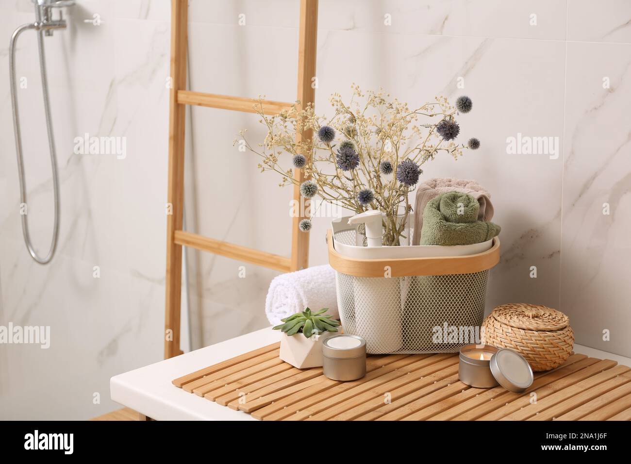 Toiletries and personal hygiene products on table in bathroom Stock ...