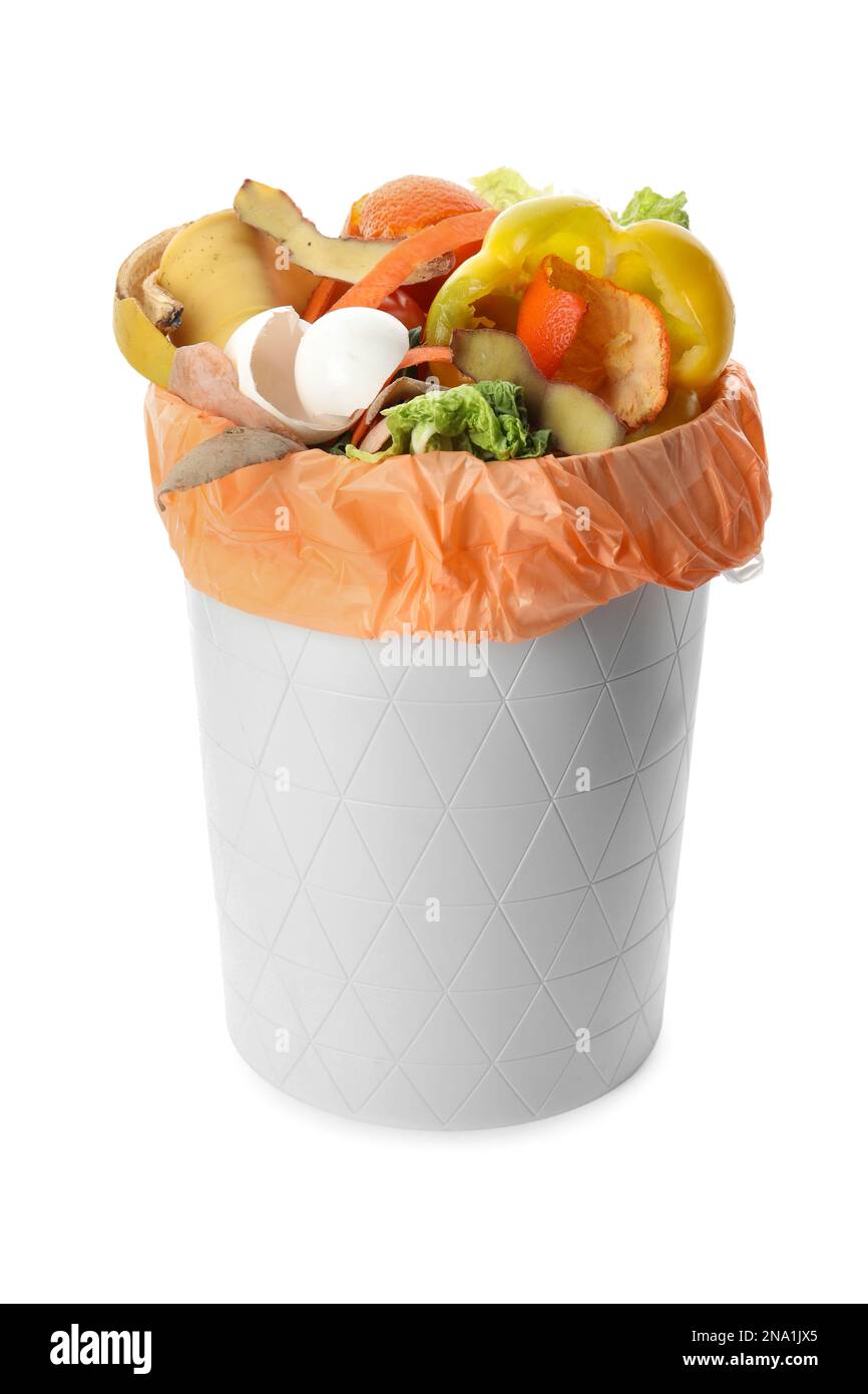 Trash bin with organic waste for composting on white background Stock ...