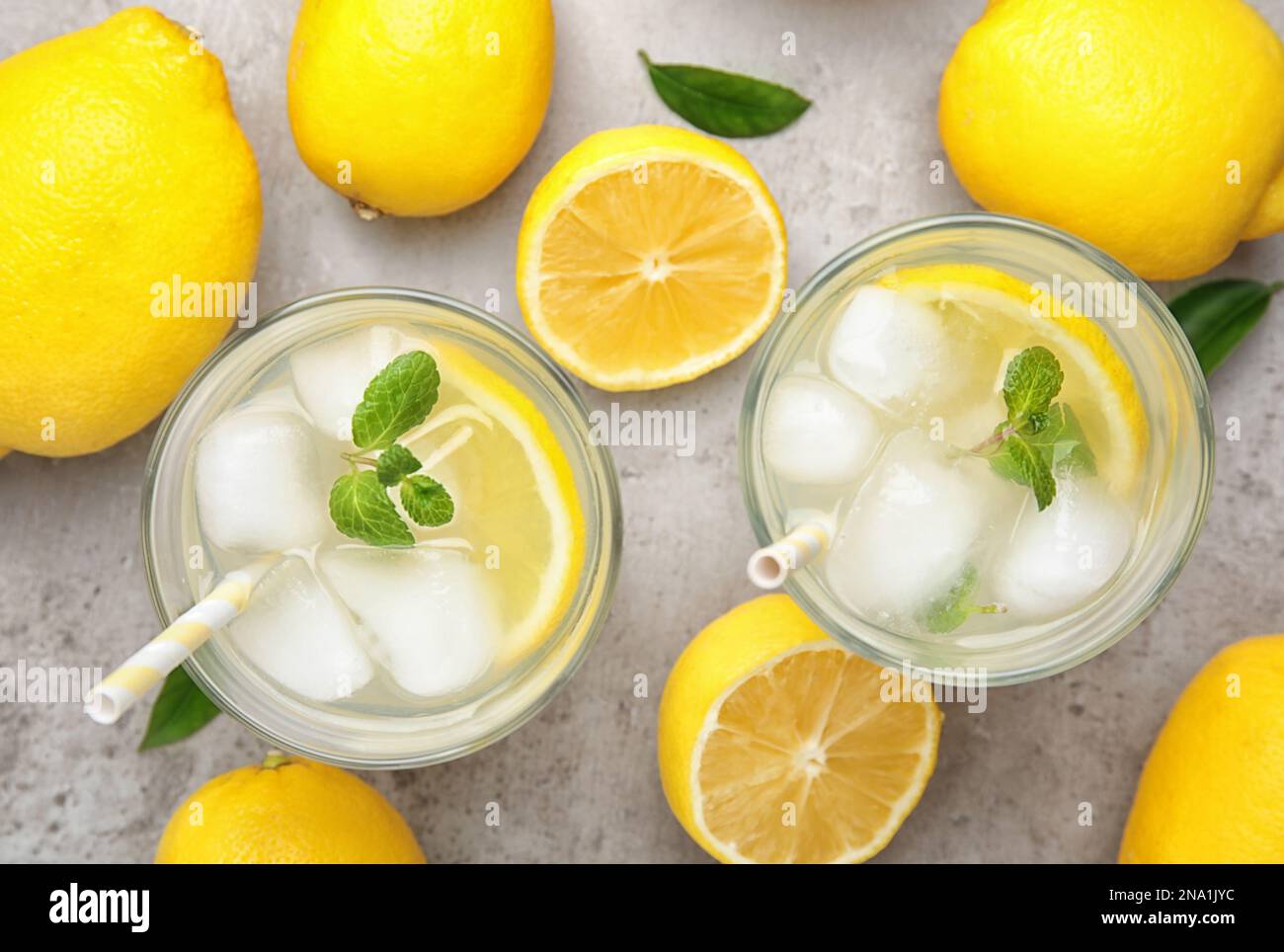 Cool freshly made lemonade and fruits on grey table, flat lay Stock ...