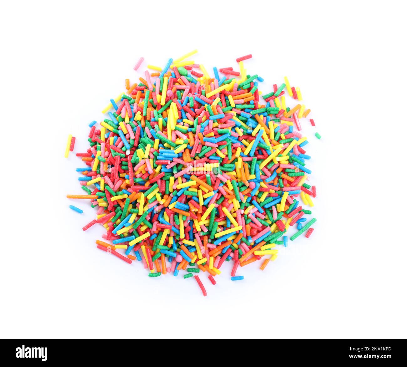 Colorful sprinkles on white background, top view. Confectionery decor ...