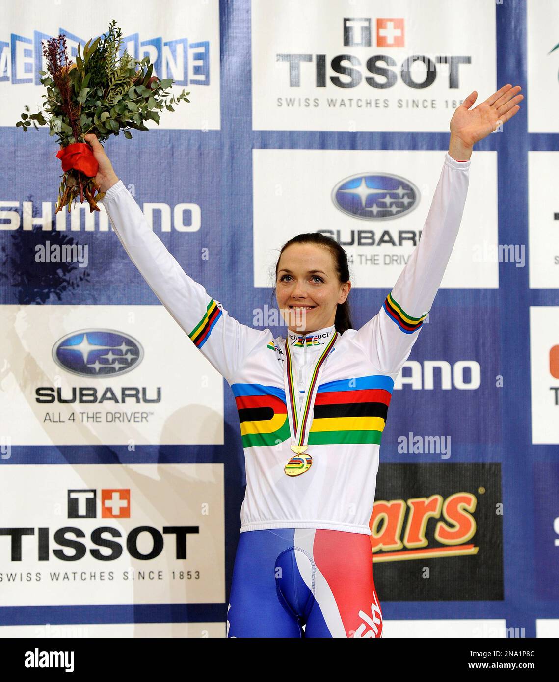 Britain's Victoria Pendleton celebrates winning the gold medal in the ...