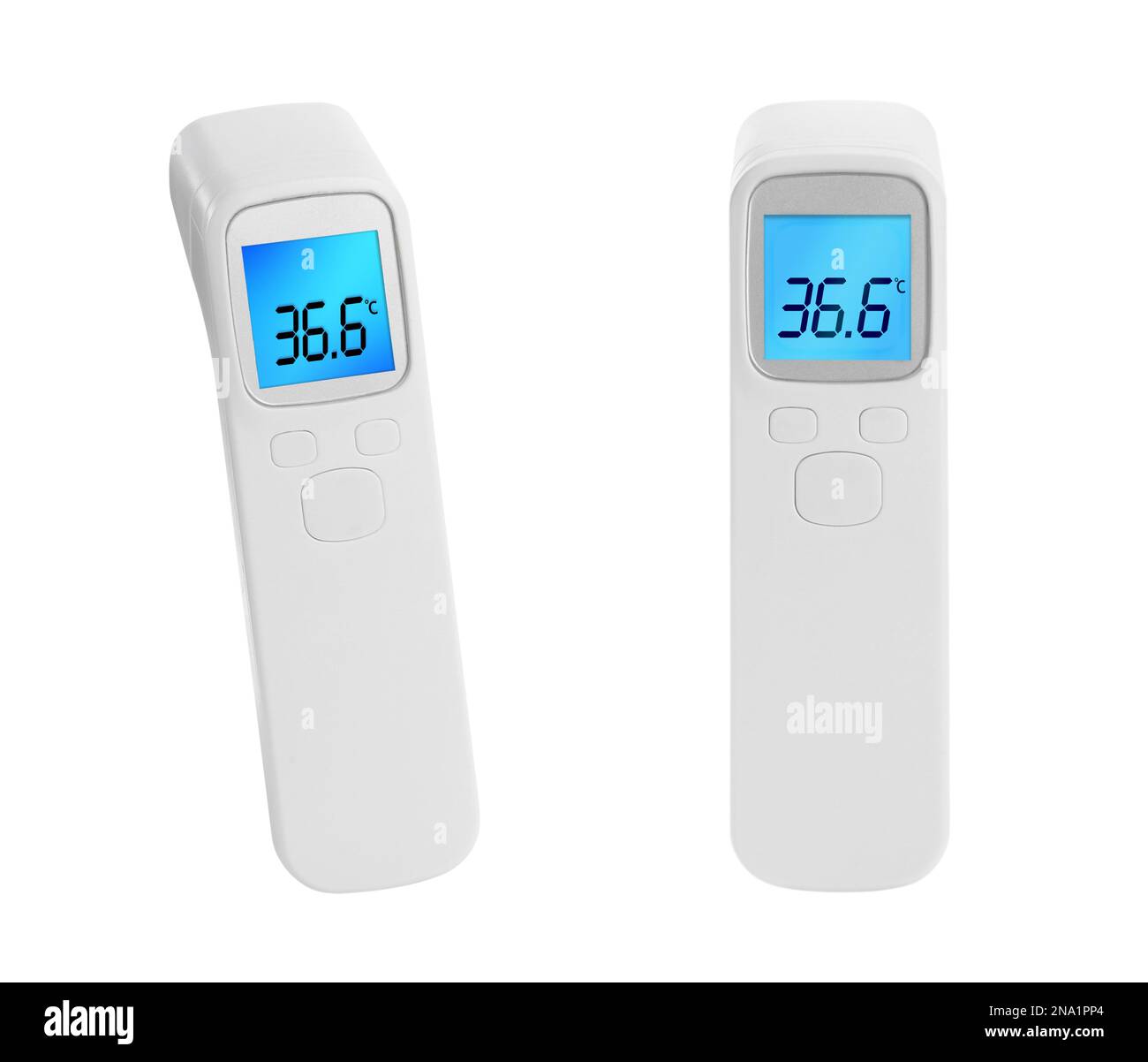 Infrared thermometers on white background, collage. Checking ...