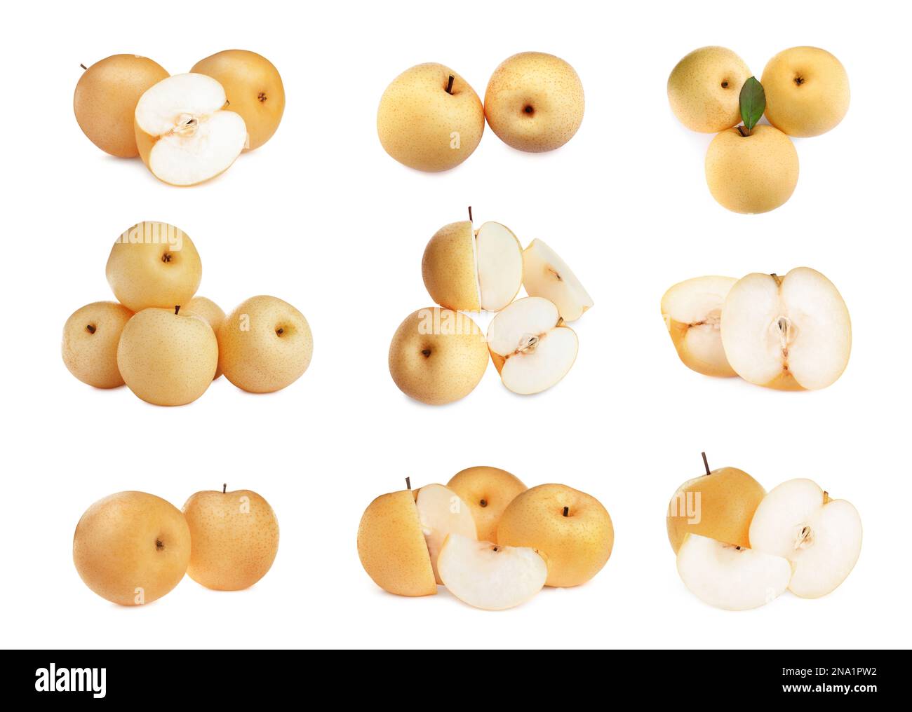 Set with fresh ripe apple pears on white background Stock Photo - Alamy