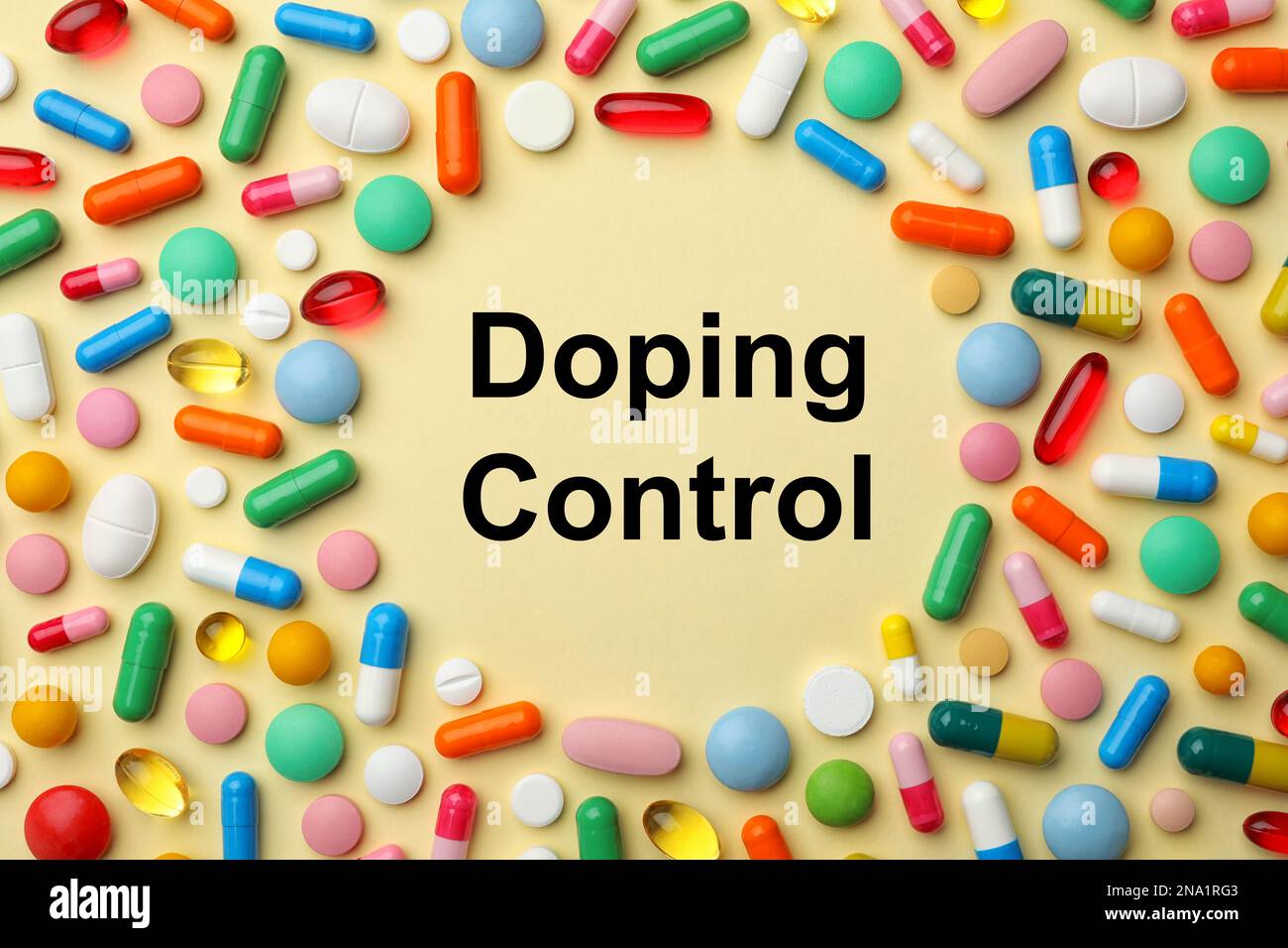 Frame of different drugs on yellow background, flat lay. Doping control ...
