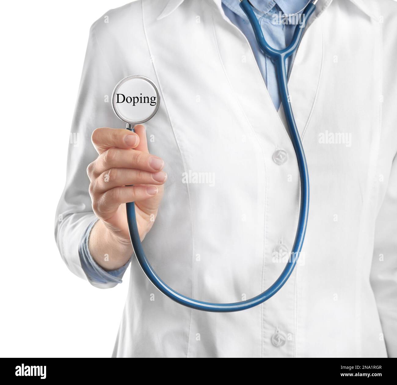 Doctor with stethoscope on white background, closeup. Doping control ...