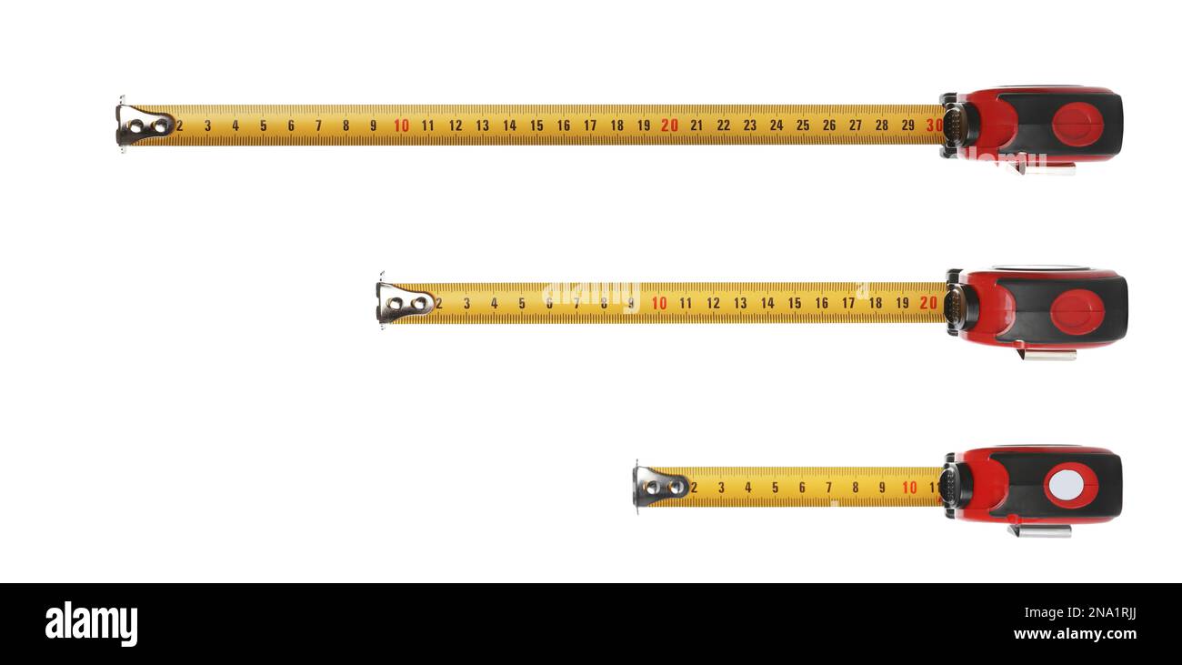 Set with measuring tapes on white background, banner design Stock Photo ...